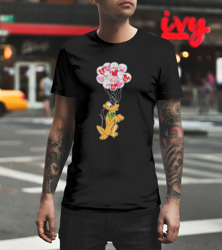 Pluto Holding Mickey And Minnie Balloons With Hearts And Xo Patterns T-Shirt