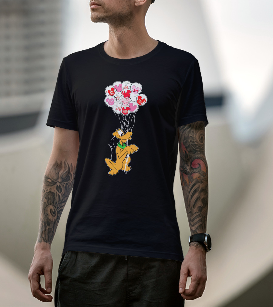 Pluto Holding Mickey And Minnie Balloons With Hearts And Xo Patterns T-Shirt