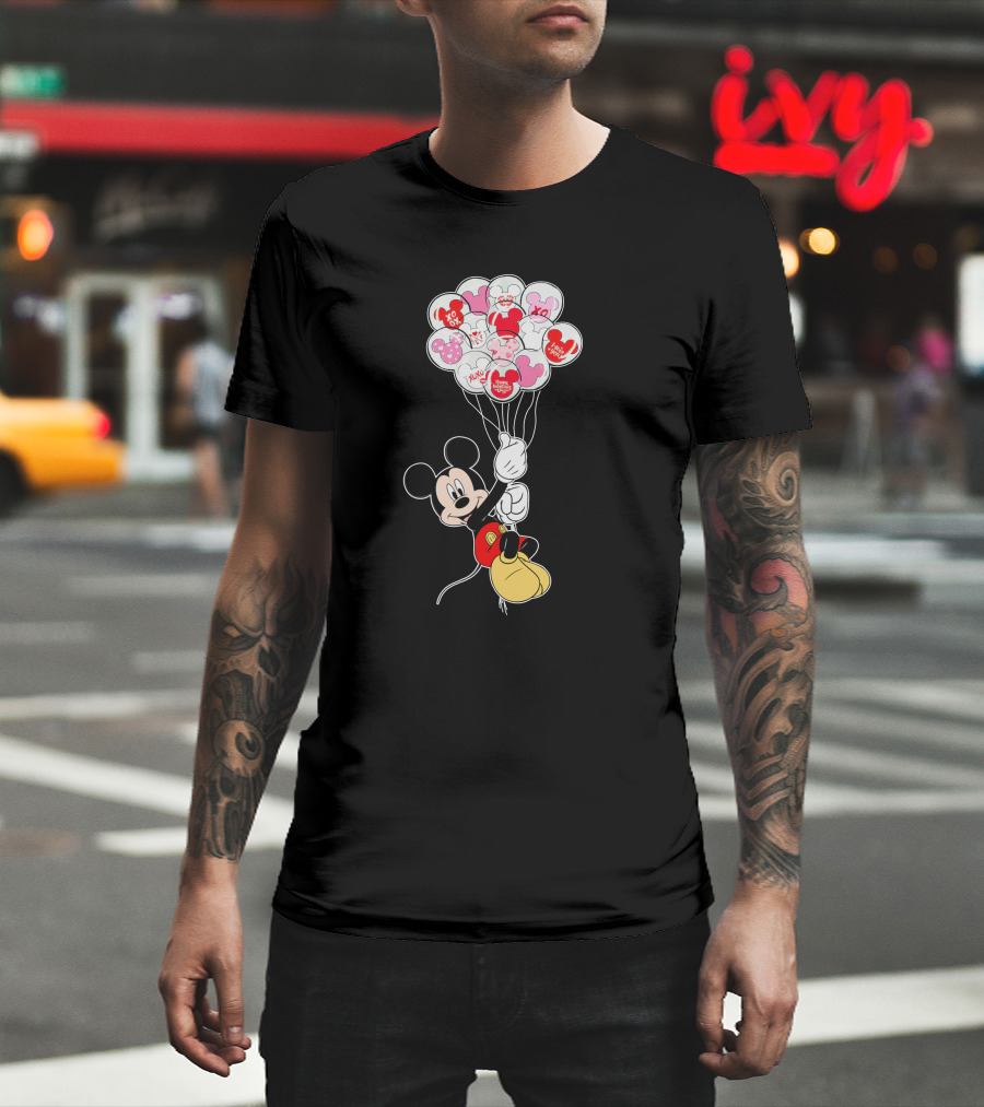 Mickey Mouse Holding Heart Balloons With Xo Love Messages T-Shirt