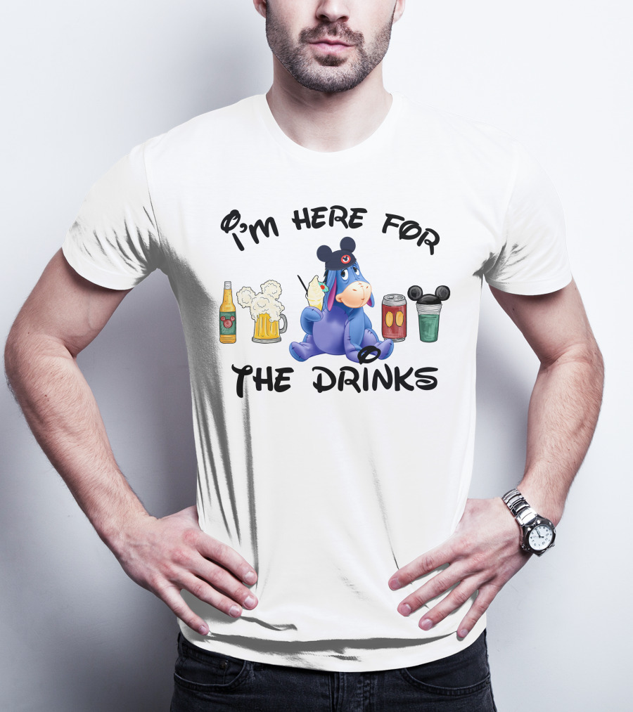 I'm Here For The Drinks Eeyore With Mickey Ears Drinking Beer Soda And Cocktail T-Shirt