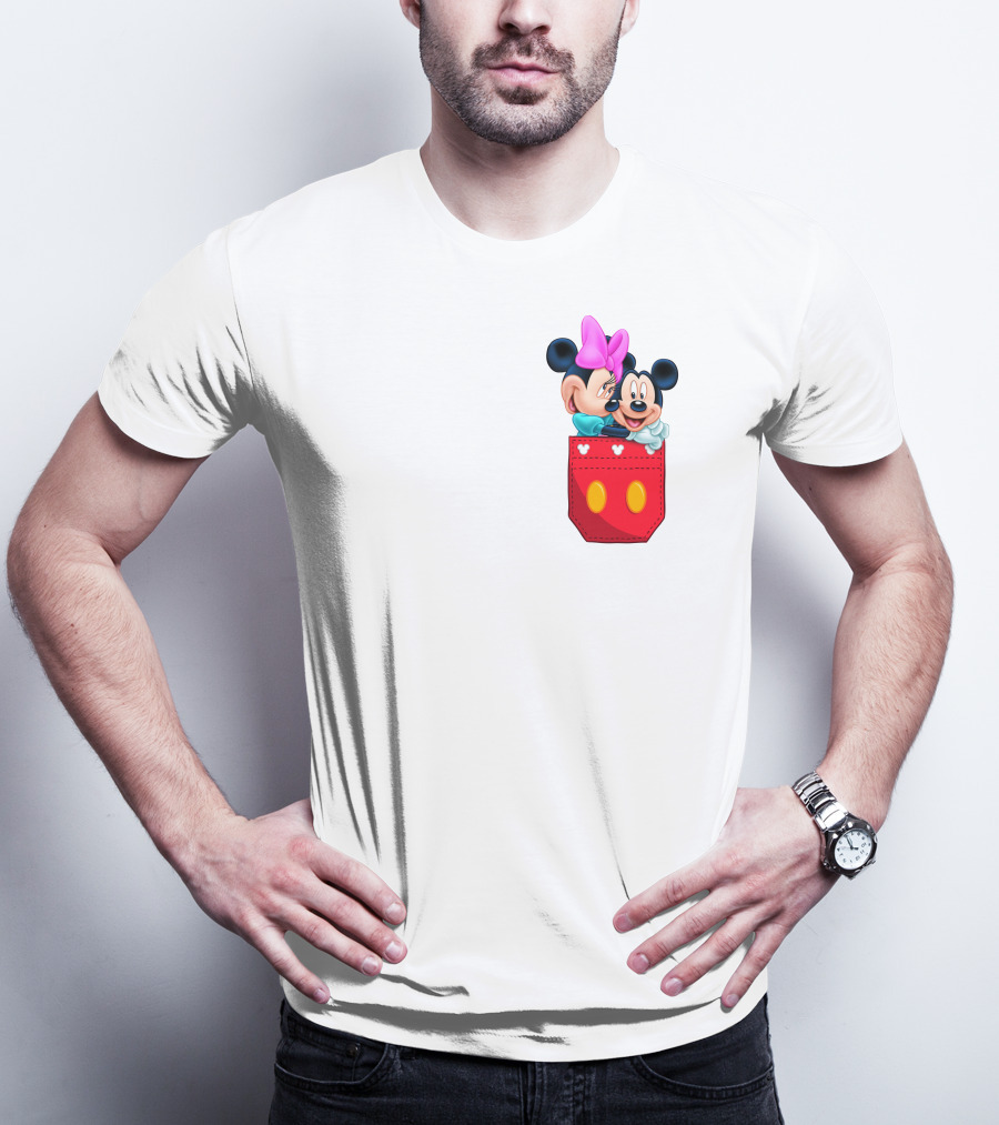 Mickey Mouse And Minnie Mouse In Red Pocket With Hearts And Bow T-Shirt
