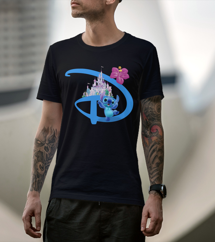 Stitch Disney Castle Hibiscus Flower T-Shirt
