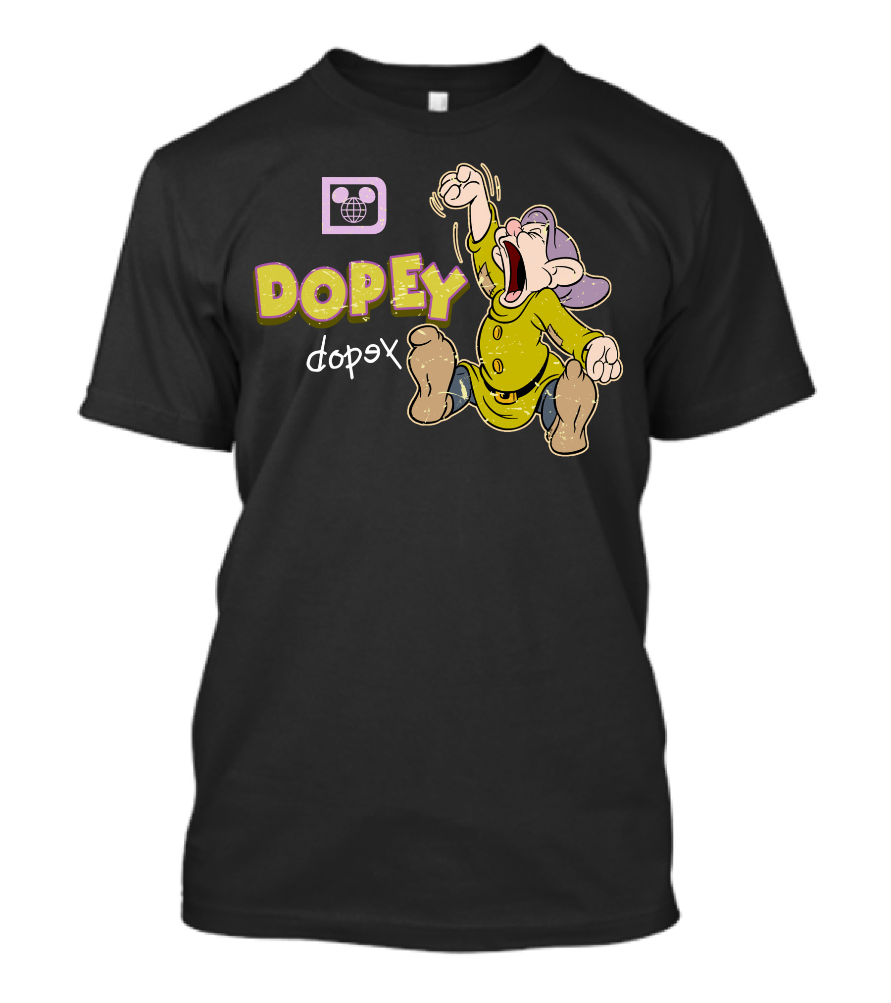 Dopey Yawning Character Illustration With Double Text And Ear T-Shirt