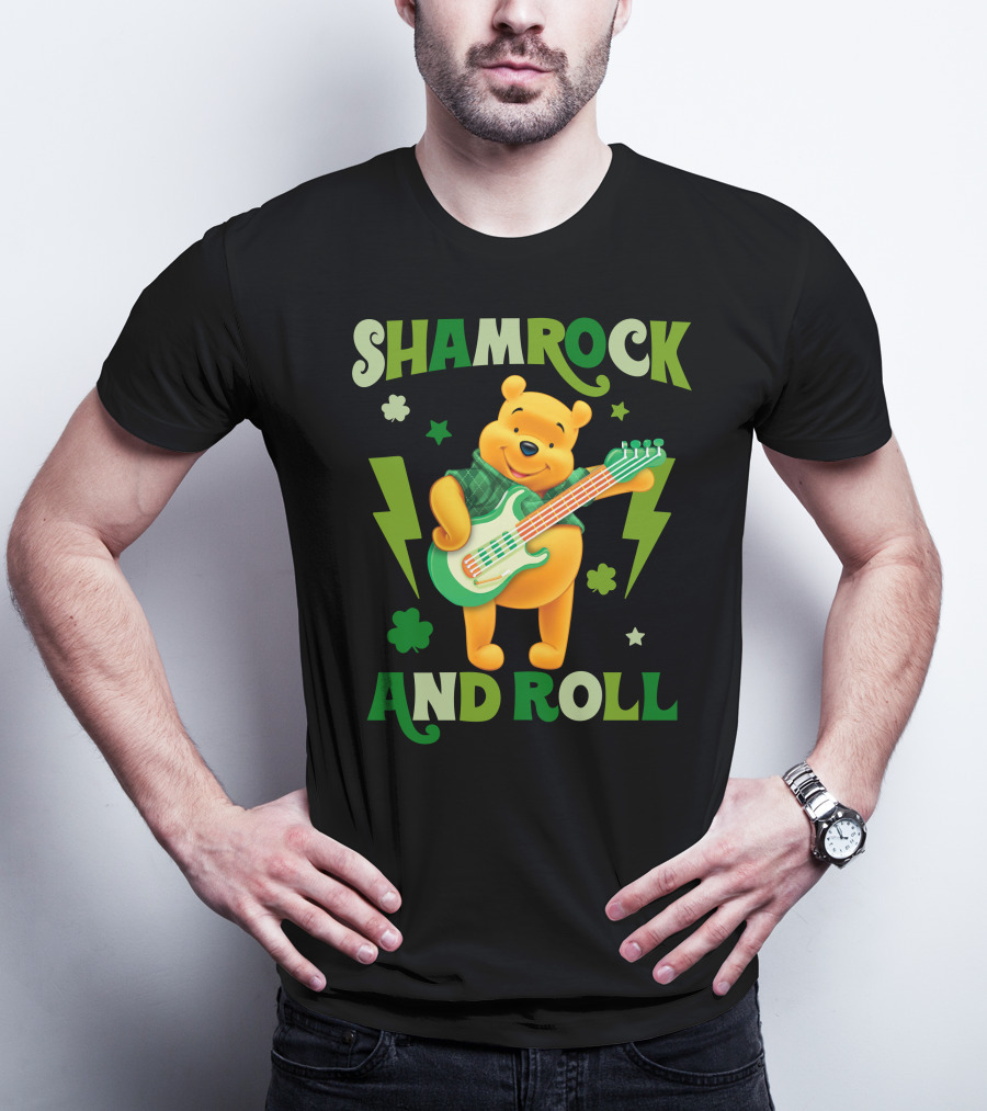 Shamrock And Roll Pooh Bear With Guitar And Green Lightning Bolts T-Shirt