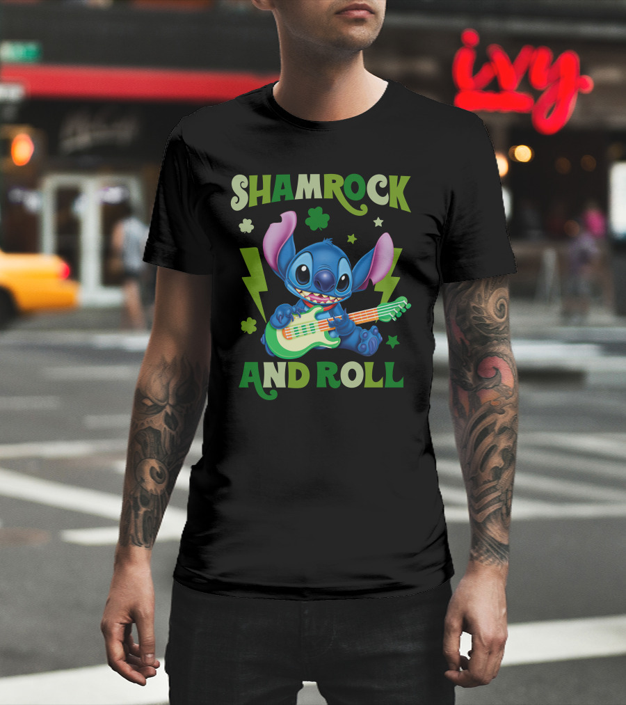 Shamrock And Roll Stitch Playing Guitar T-Shirt