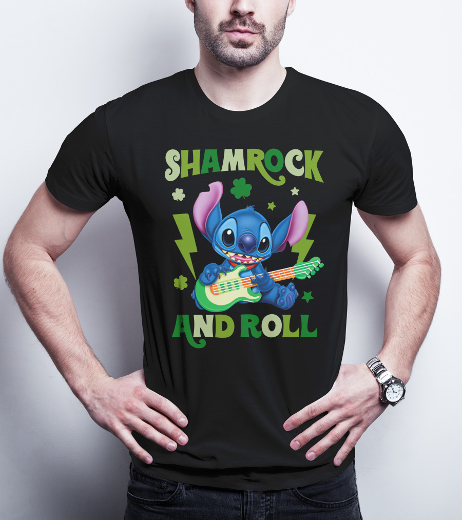 Shamrock And Roll Stitch Playing Guitar T-Shirt