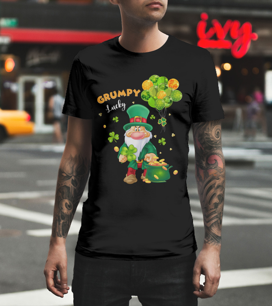 Grumpy Lucky Leprechaun With Shamrocks And Gold Coins T-Shirt