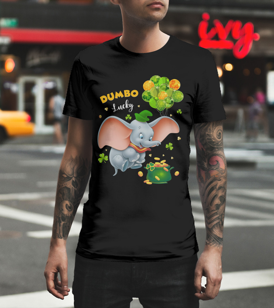 Dumbo Lucky Elephant With Green Hat And Balloons With Pot Of Gold T-Shirt