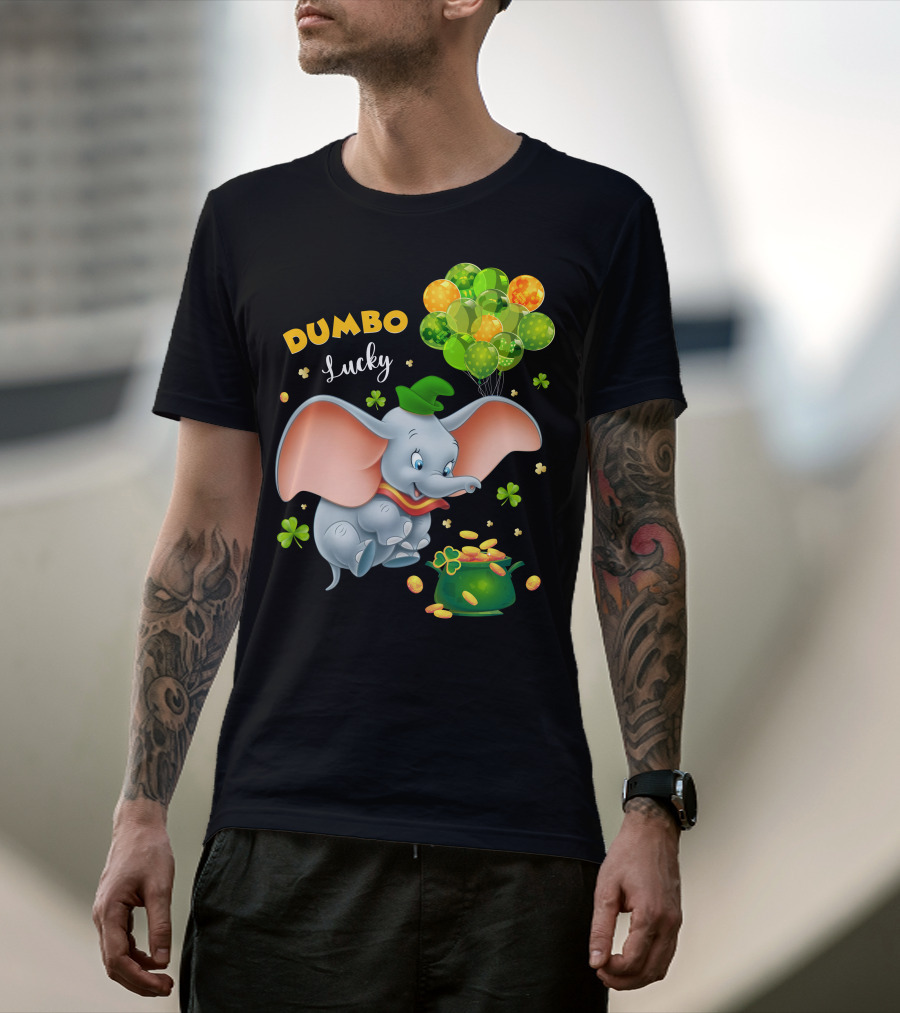Dumbo Lucky Elephant With Green Hat And Balloons With Pot Of Gold T-Shirt
