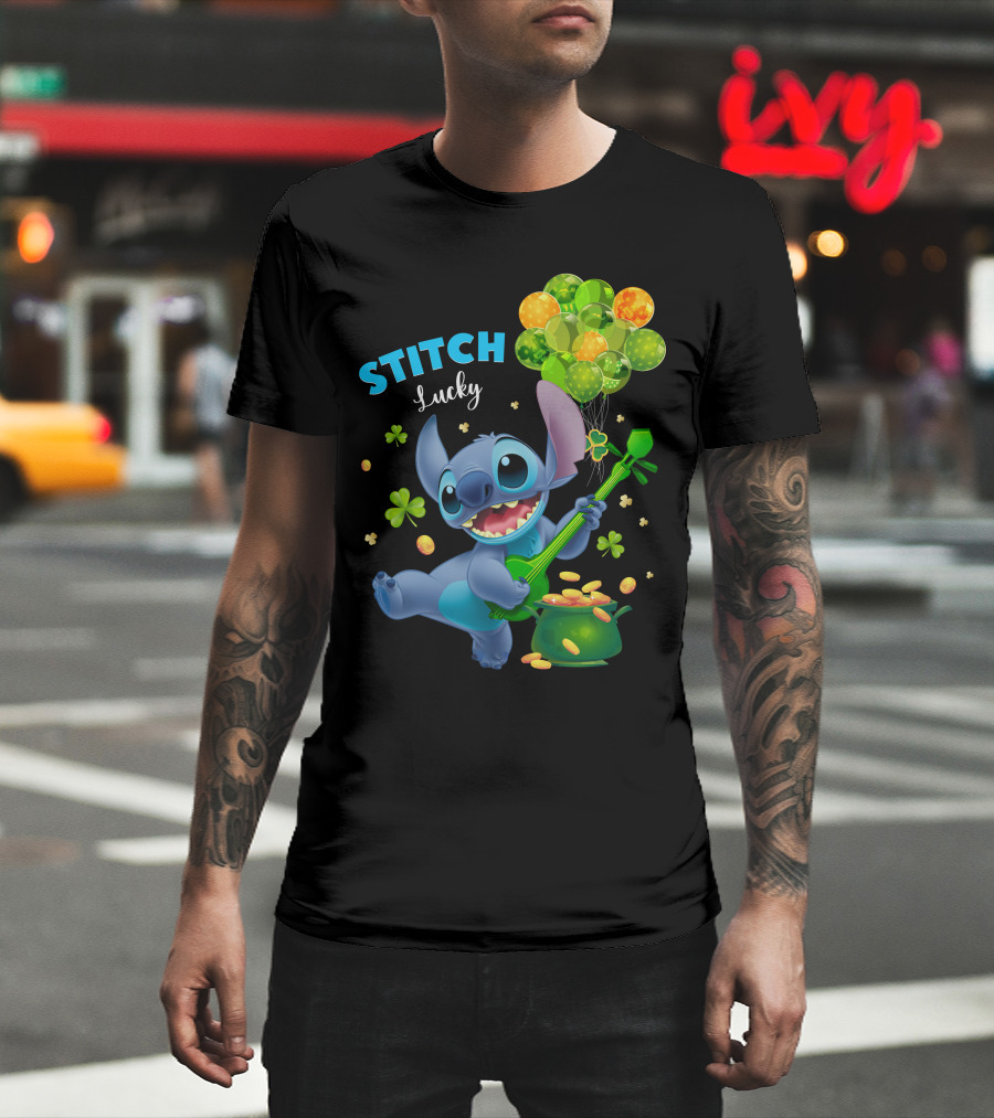 Stitch Lucky Balloons And Shamrock Celebration T-Shirt