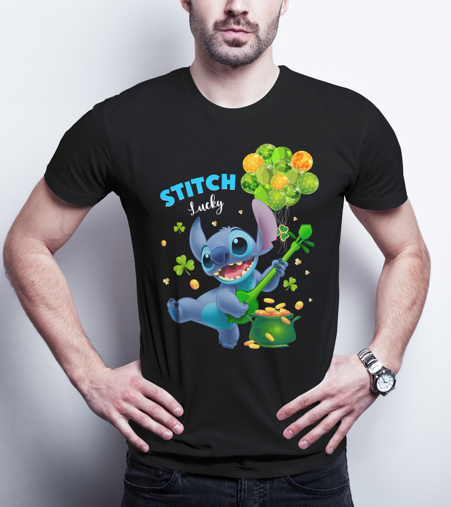 Stitch Lucky Balloons And Shamrock Celebration T-Shirt