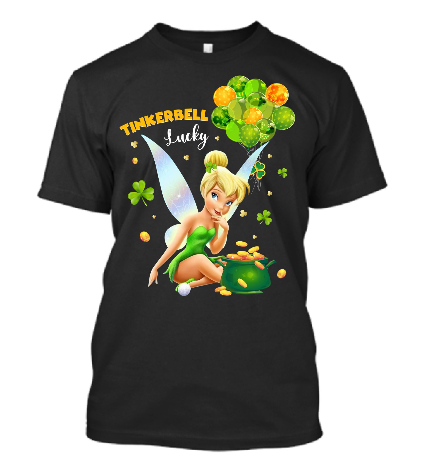 Tinkerbell Lucky Balloons And Clover With Pot Of Gold T-Shirt