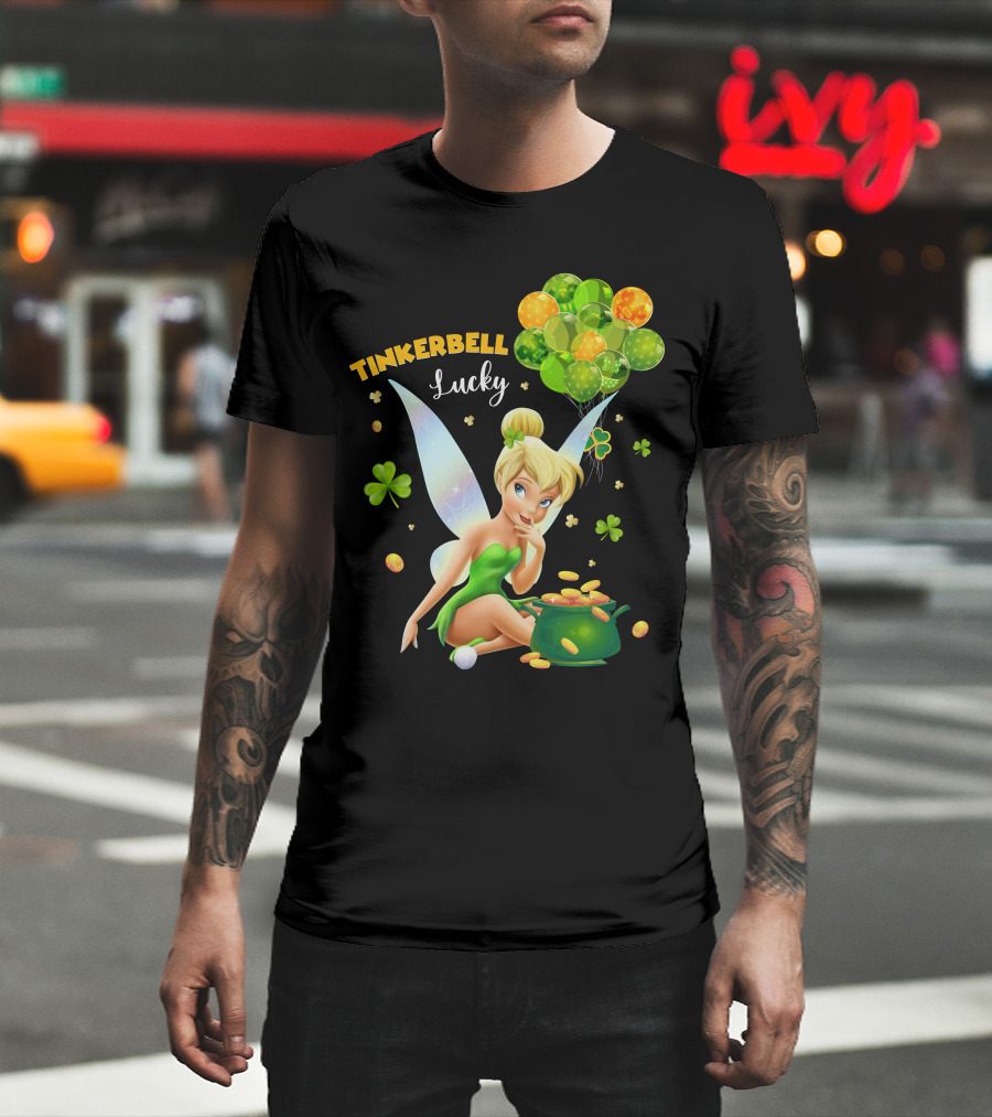 Tinkerbell Lucky Balloons And Clover With Pot Of Gold T-Shirt