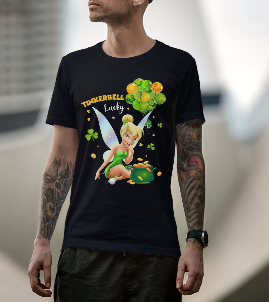 Tinkerbell Lucky Balloons And Clover With Pot Of Gold T-Shirt