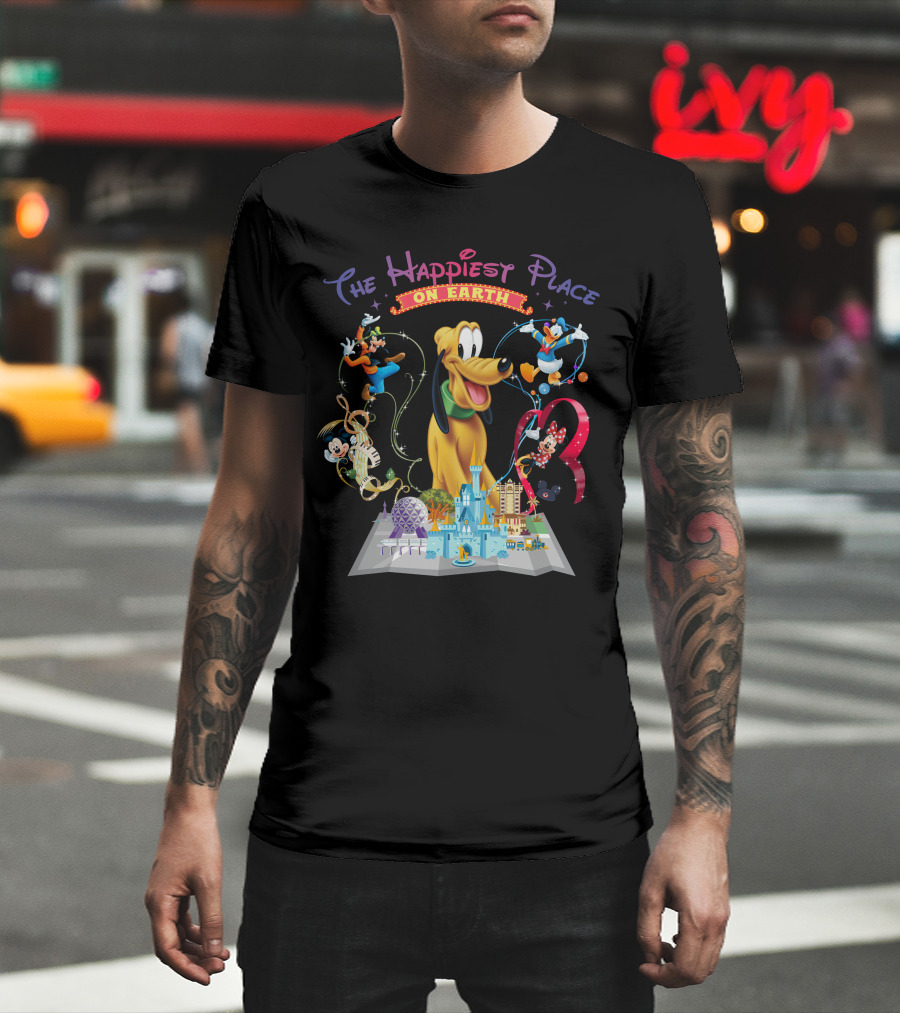 The Happiest Place On Earth Pluto Mickey Mouse Donald Duck Goofy Minnie Mouse Disney World Map T-Shirt
