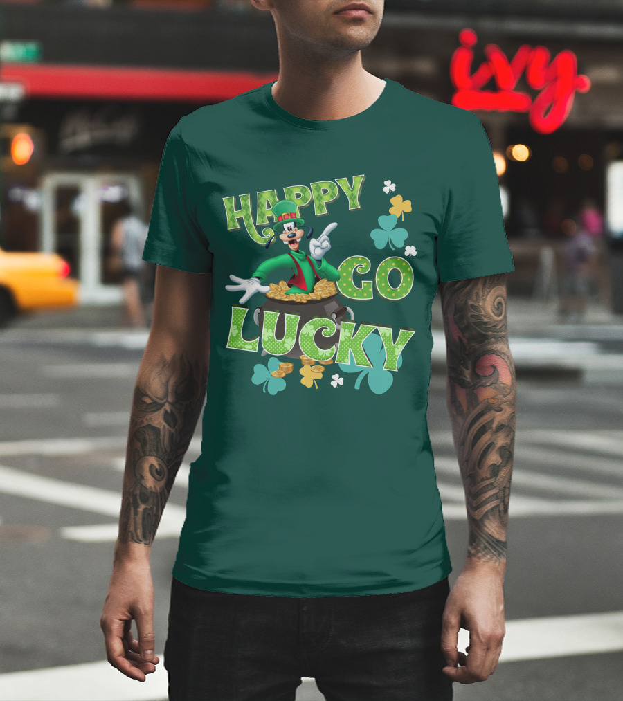 Happy Go Lucky Goofy Pot Of Gold Shamrocks T-Shirt