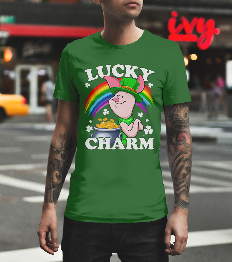 Lucky Charm With Piglet In Leprechaun Hat And Rainbow T-Shirt