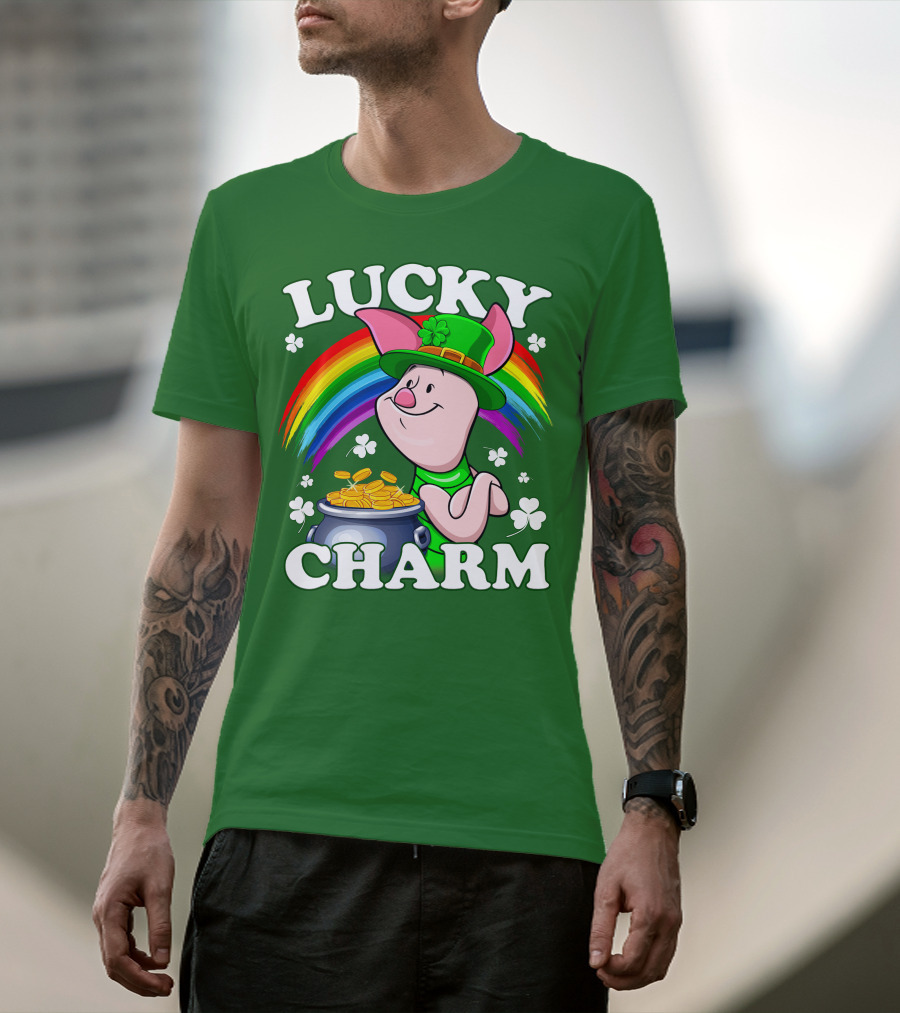 Lucky Charm With Piglet In Leprechaun Hat And Rainbow T-Shirt