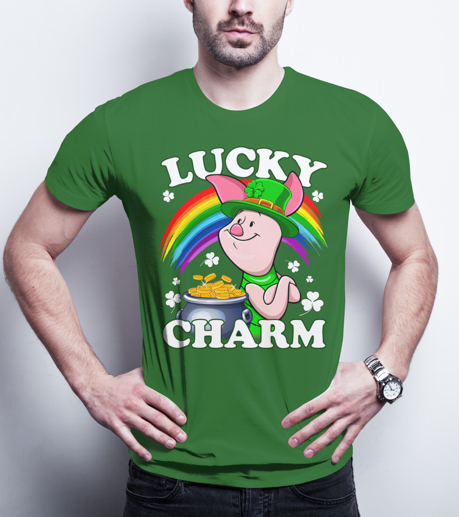 Lucky Charm With Piglet In Leprechaun Hat And Rainbow T-Shirt