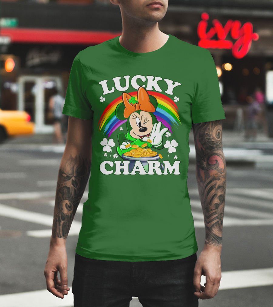 Lucky Charm Rainbow Minnie With Pot Of Gold And Shamrocks T-Shirt