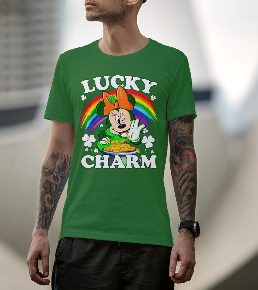 Lucky Charm Rainbow Minnie With Pot Of Gold And Shamrocks T-Shirt