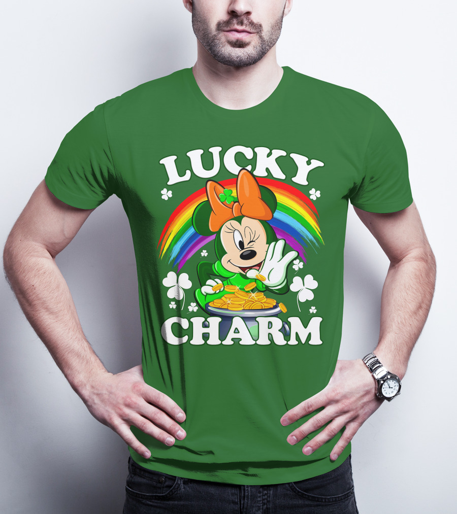 Lucky Charm Rainbow Minnie With Pot Of Gold And Shamrocks T-Shirt