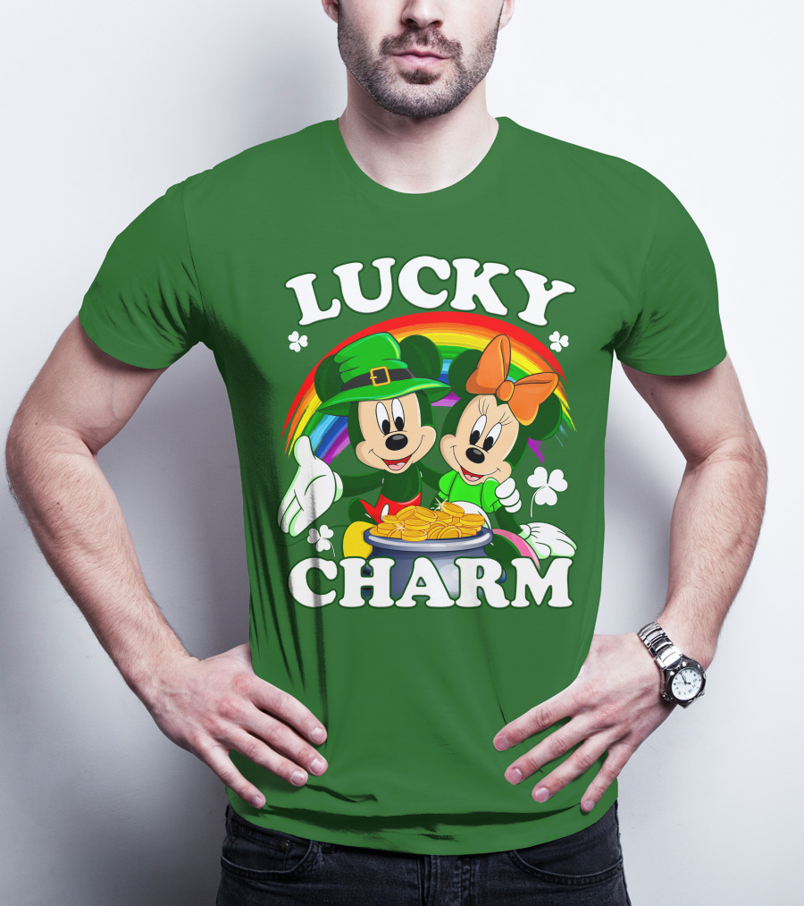 Lucky Charm Mickey And Minnie Rainbow Shamrock Coins T-Shirt