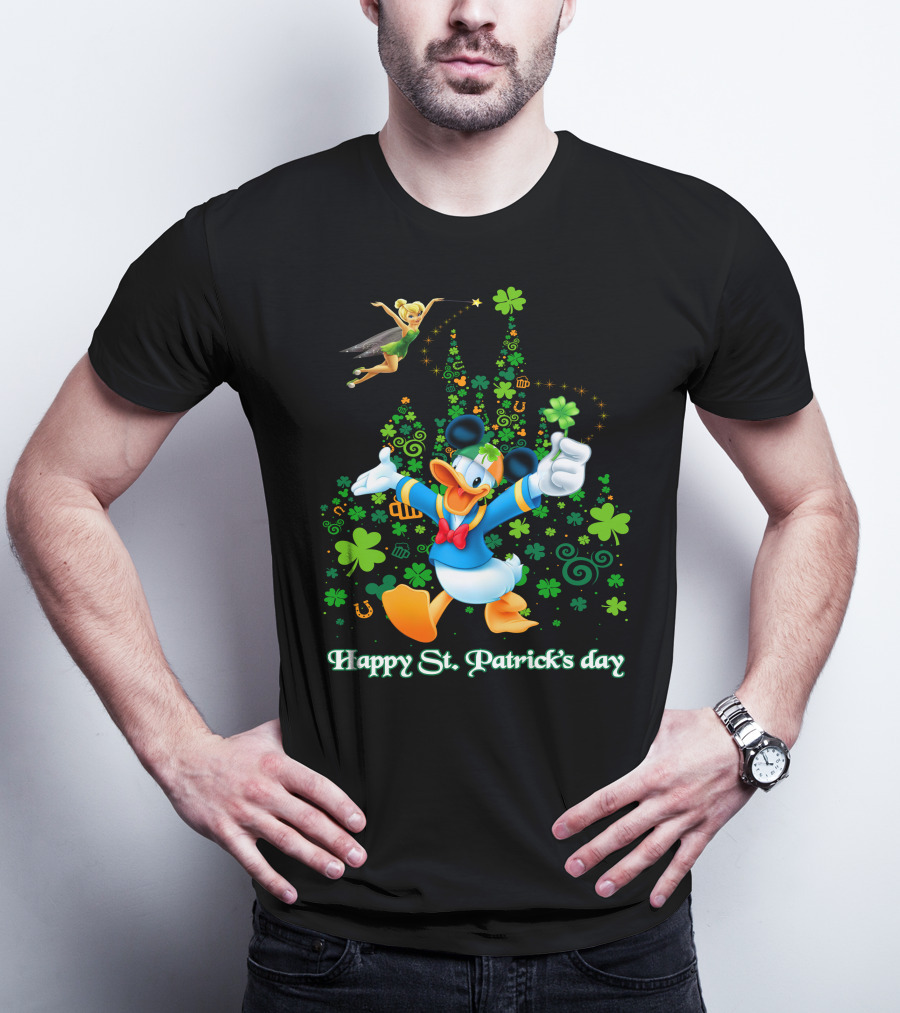 Happy St. Patrick's Day Donald And Tinkerbell With Shamrocks And Castle T-Shirt