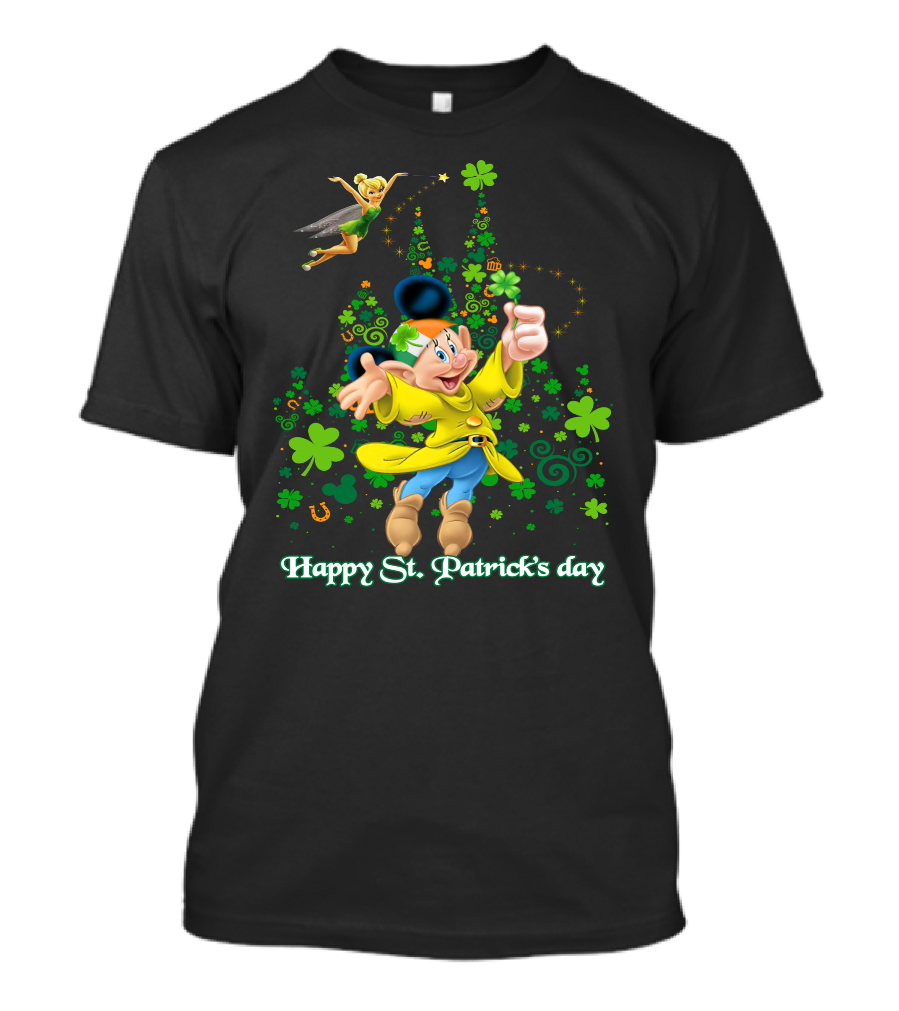 Happy St. Patrick's Day Dopey Disney Character With Tinker Bell And Clovers T-Shirt