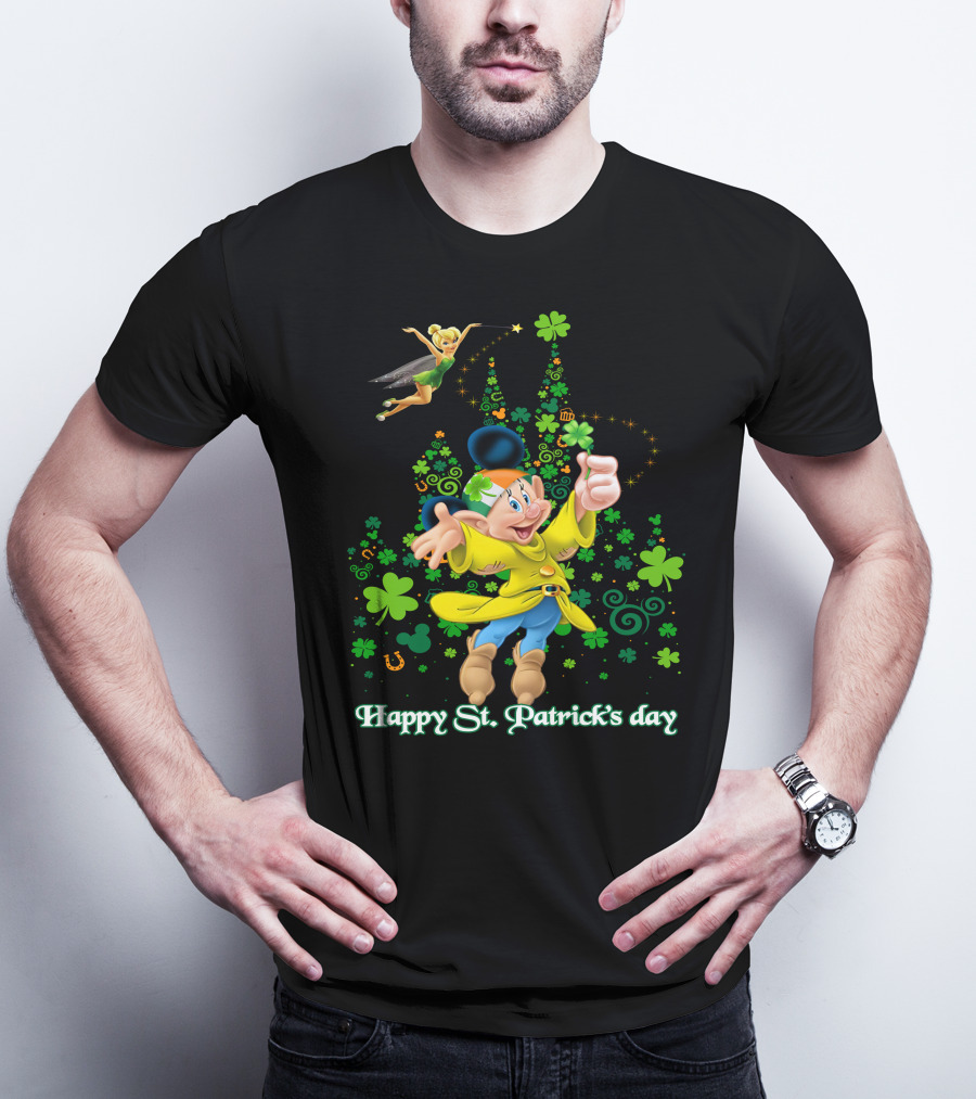 Happy St. Patrick's Day Dopey Disney Character With Tinker Bell And Clovers T-Shirt