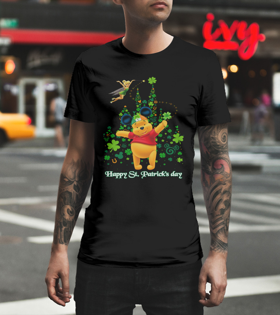 Happy St. Patrick's Day Pooh And Tinker Bell With Mickey Ears And Shamrocks T-Shirt