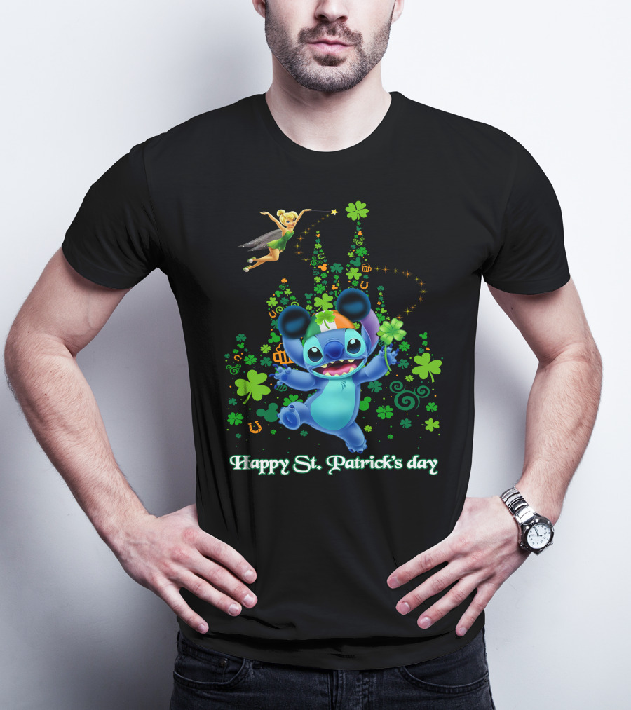 Stitch And Tinkerbell Happy St. Patrick's Day With Shamrocks And Irish Colors T-Shirt