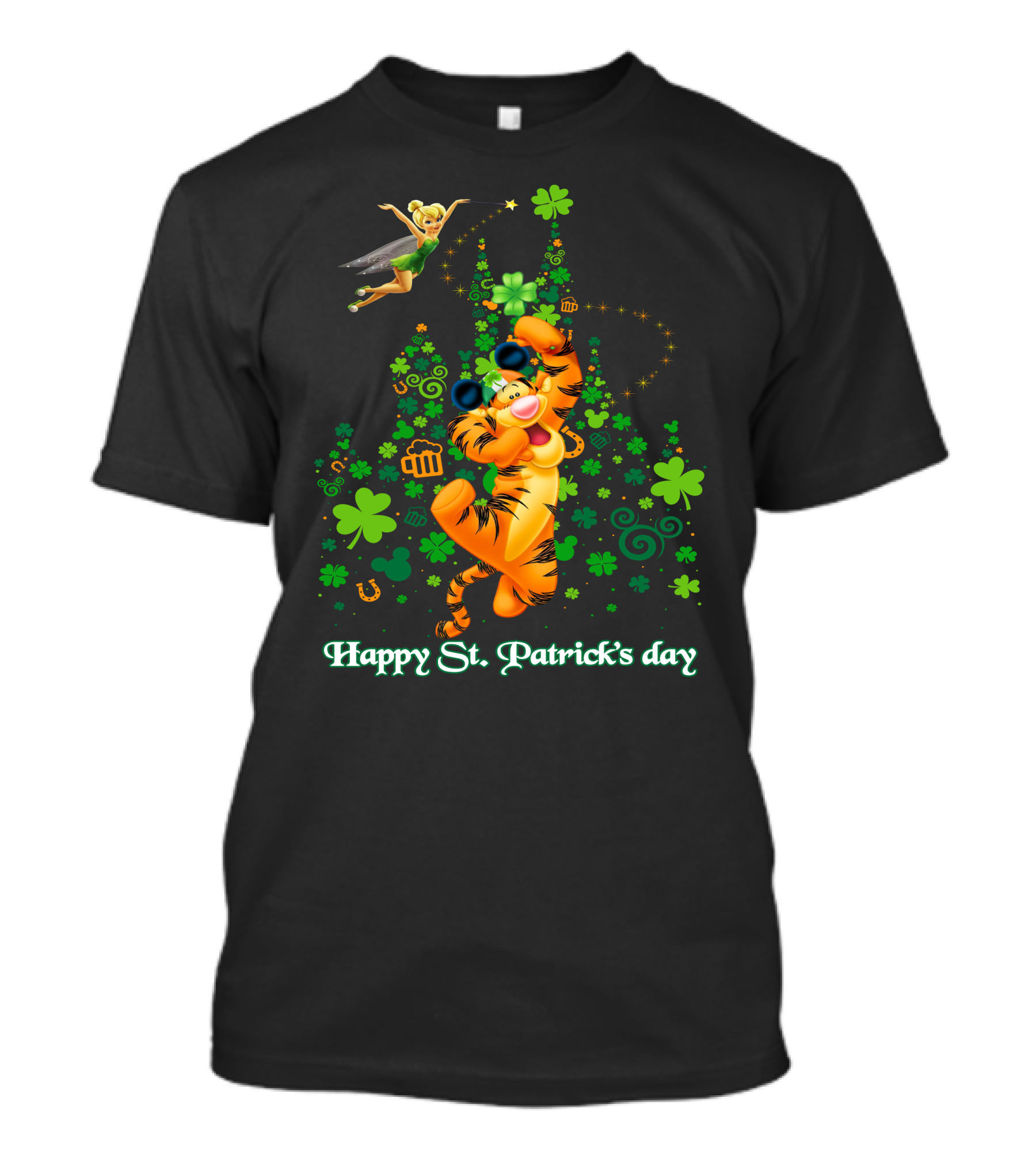 Happy St. Patrick's Day Tigger And Tinkerbell Celebration With Shamrocks And Icons T-Shirt