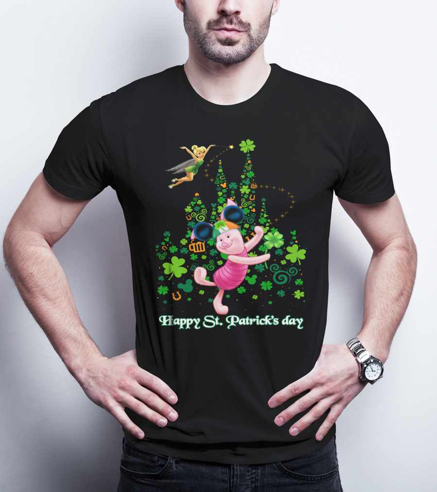 Happy St. Patrick's Day Piglet Tinker Bell Mickey Ears Shamrock Castle T-Shirt