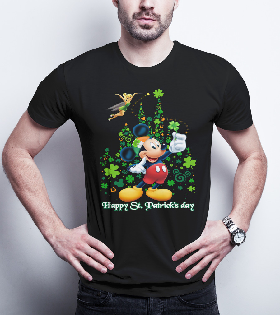 Mickey Happy St. Patrick's Day With Tinker Bell And Shamrocks T-Shirt