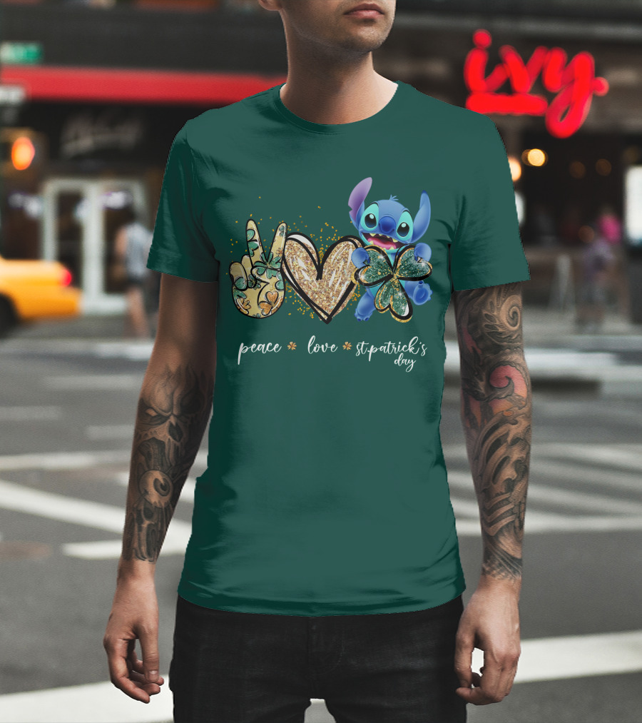 Peace Love St. Patrick's Day Stitch Shamrock Clover T-Shirt