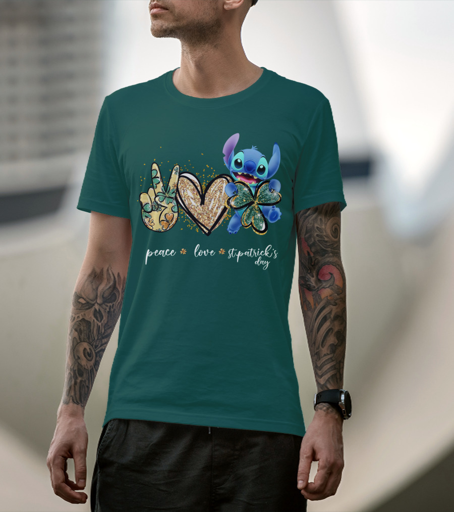 Peace Love St. Patrick's Day Stitch Shamrock Clover T-Shirt