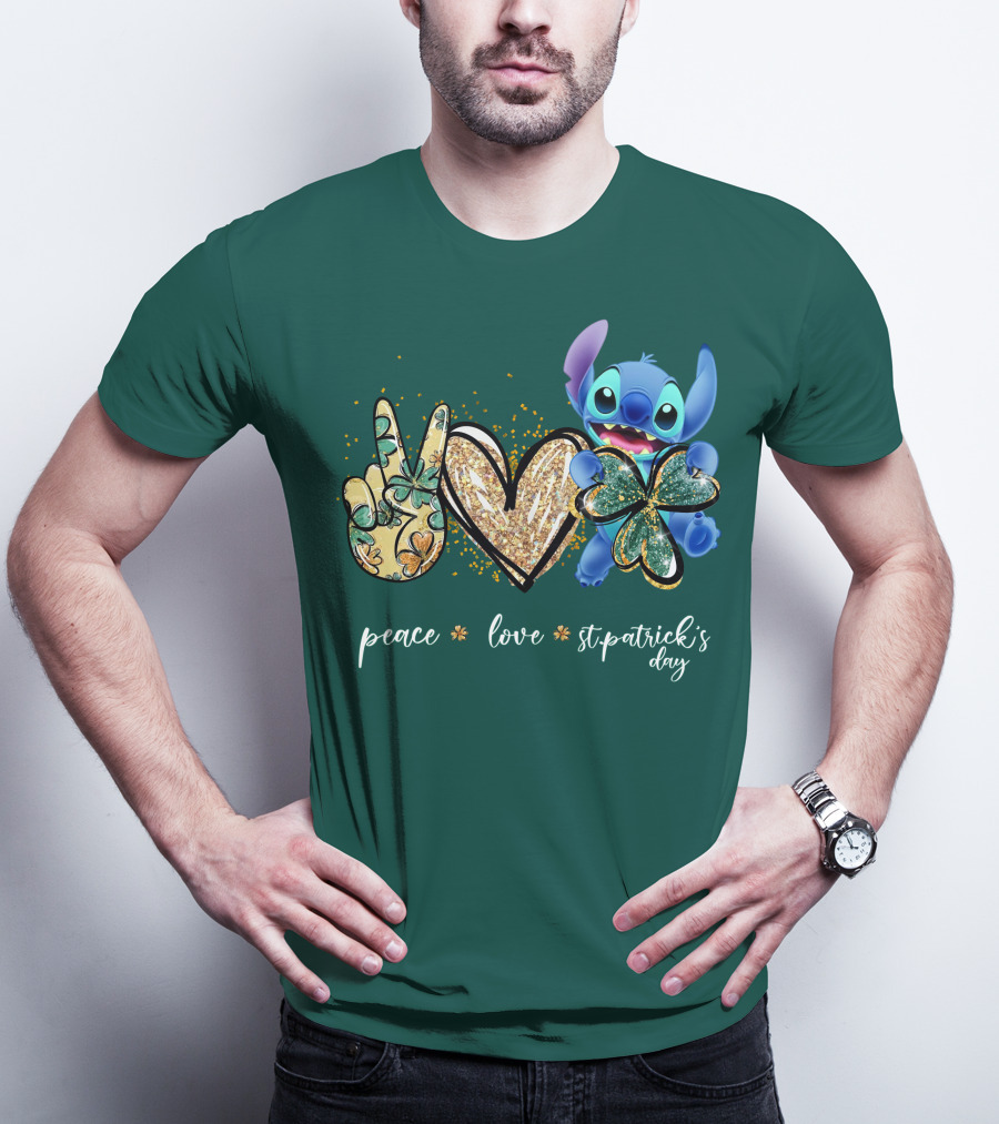 Peace Love St. Patrick's Day Stitch Shamrock Clover T-Shirt