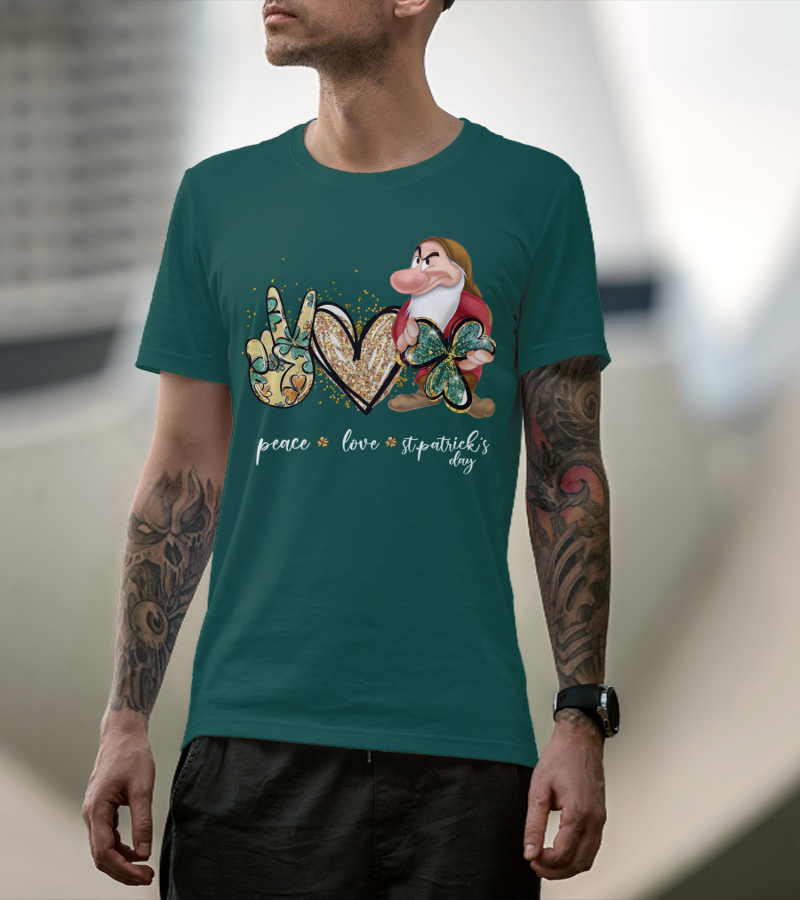 Peace Love St. Patrick's Day Grumpy Dwarf Clover T-Shirt