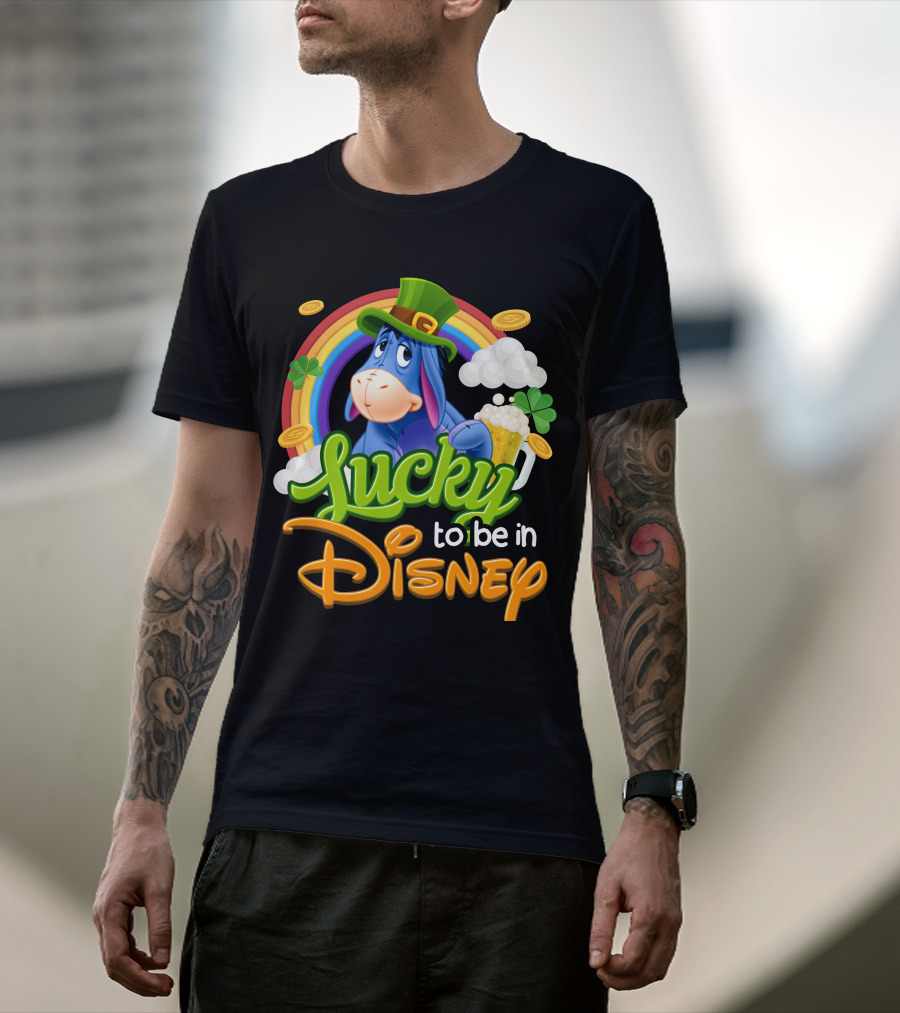 Eeyore Lucky To Be In Disney St. Patrick's Day Rainbow And Coins T-Shirt