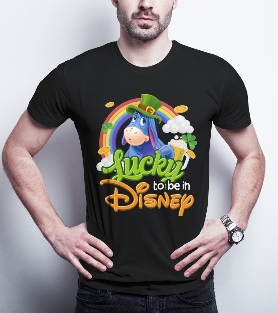 Eeyore Lucky To Be In Disney St. Patrick's Day Rainbow And Coins T-Shirt