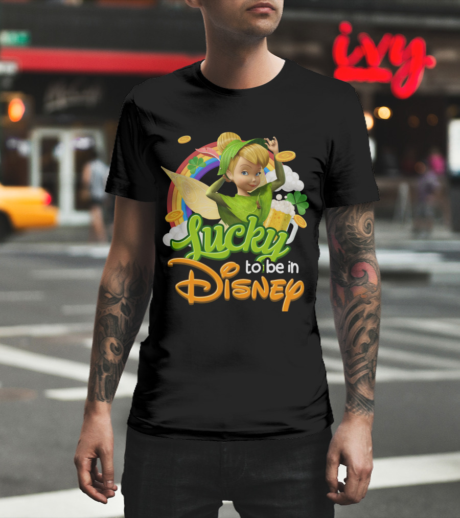 Lucky To Be In Disney Tinkerbell Rainbow Coins Shamrock T-Shirt