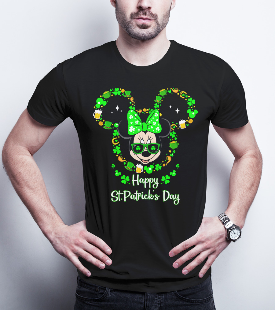 Happy St. Patrick's Day Minnie Mouse With Green Shamrocks And Accessories T-Shirt