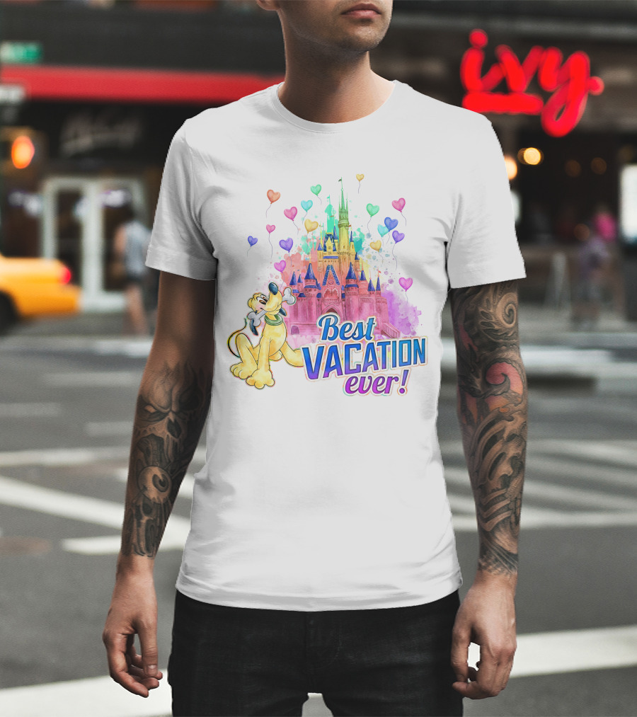 Best Vacation Ever Pluto With Colorful Castle And Heart Balloons T-Shirt