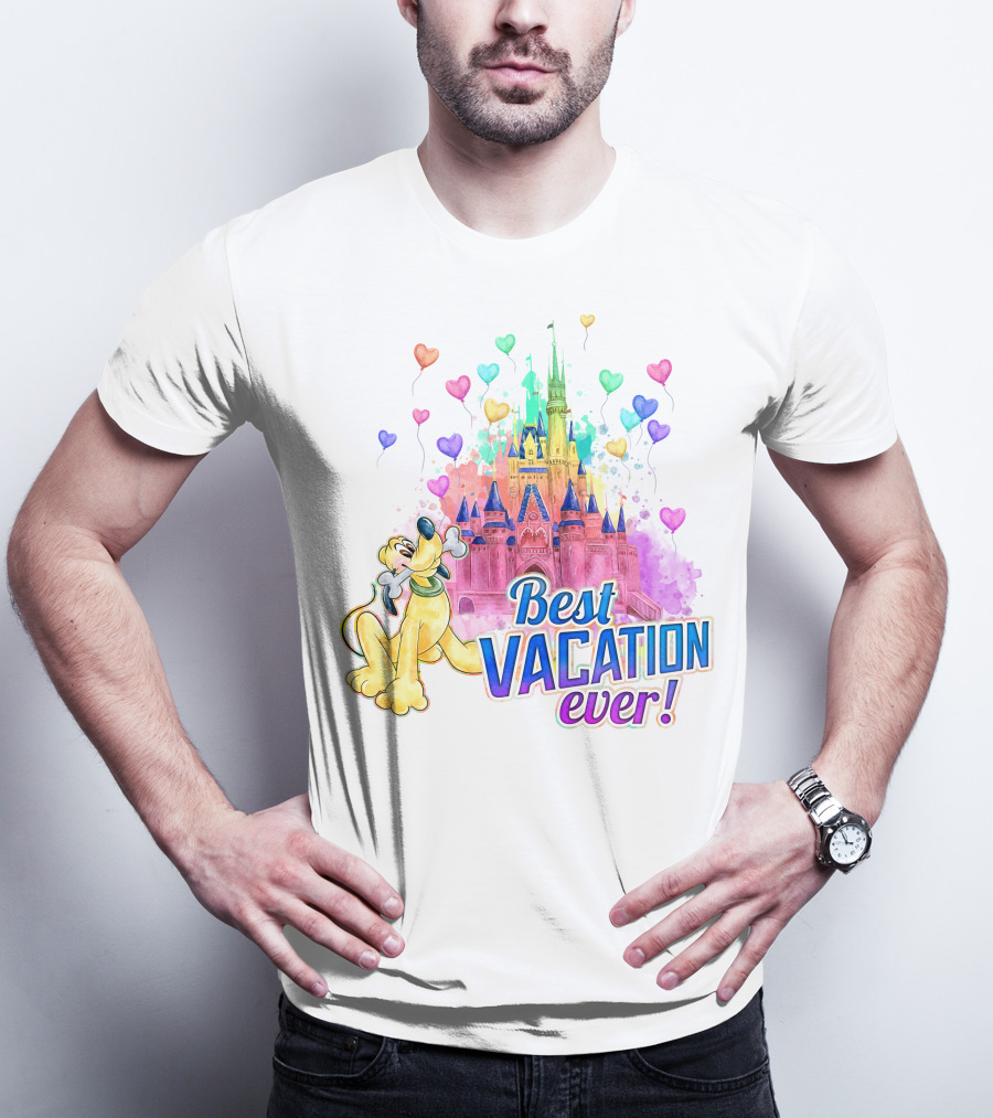 Best Vacation Ever Pluto With Colorful Castle And Heart Balloons T-Shirt