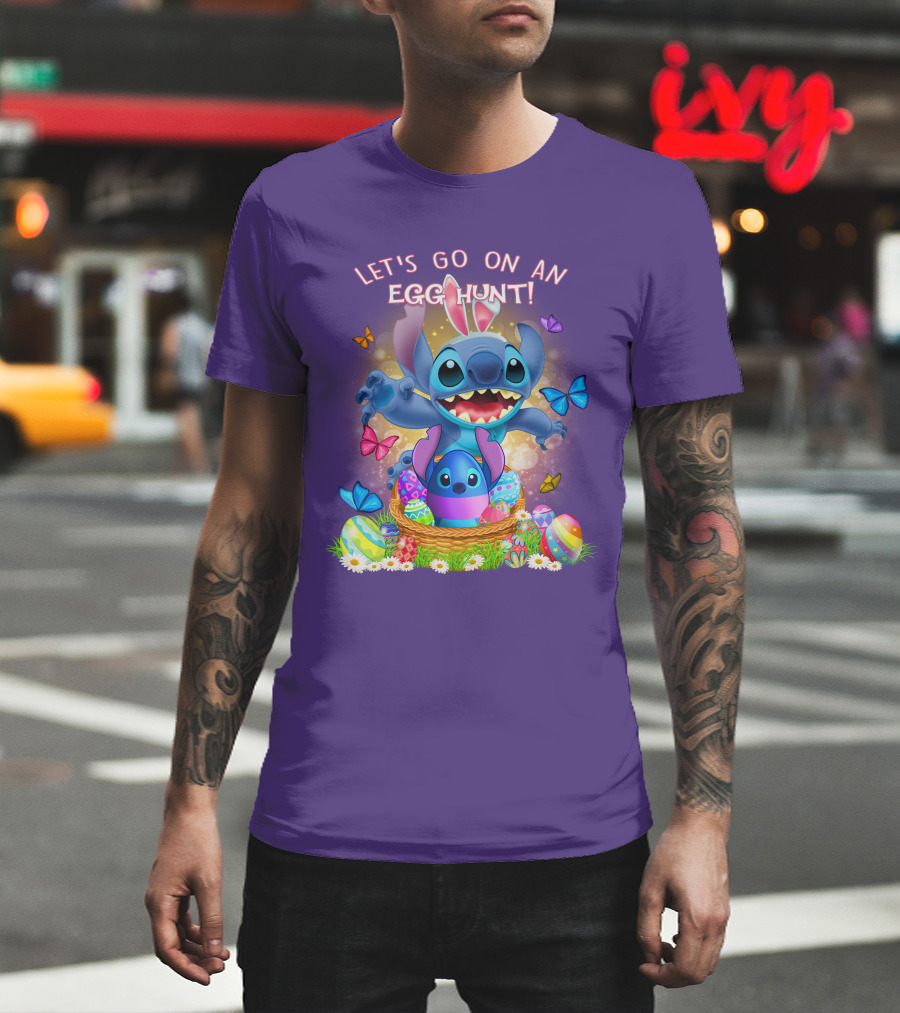 Let's Go On An Egg Hunt With Stitch Basket Of Eggs And Butterflies T-Shirt