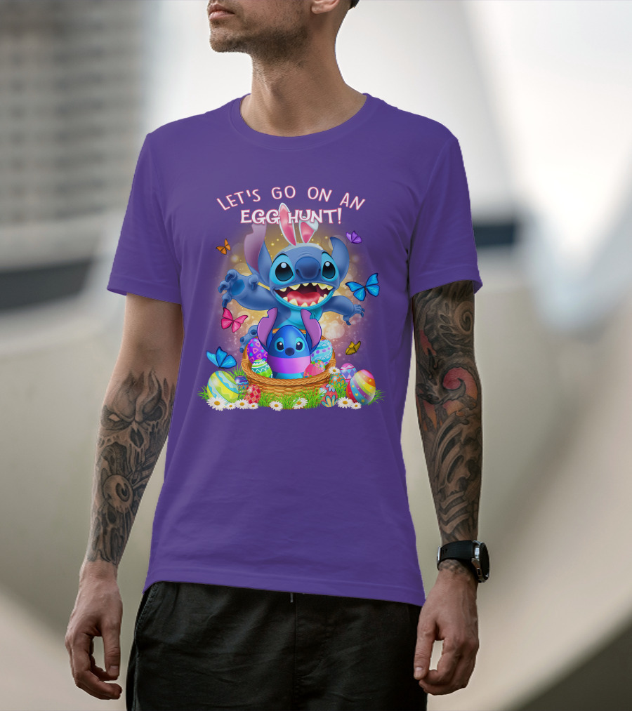 Let's Go On An Egg Hunt With Stitch Basket Of Eggs And Butterflies T-Shirt