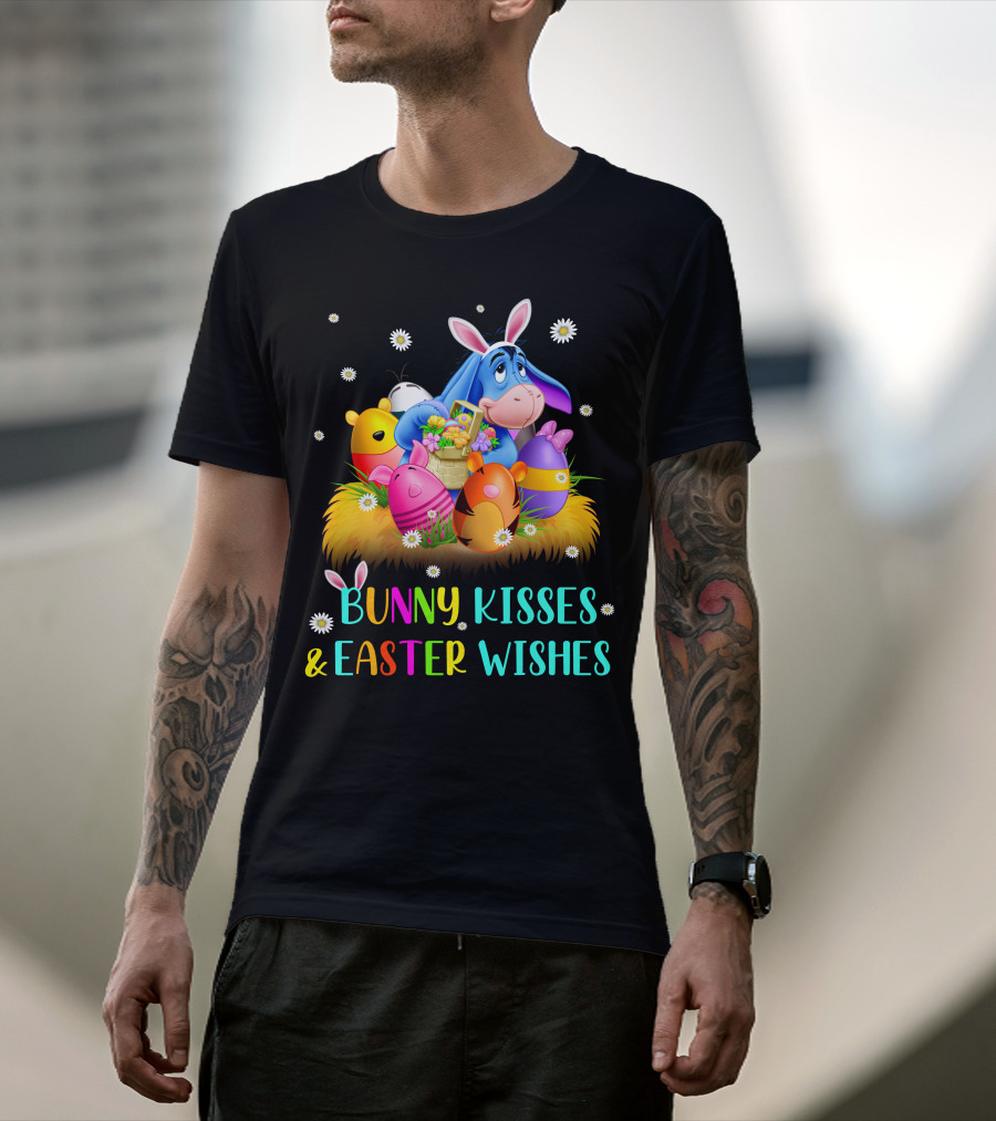 Bunny Kisses And Easter Wishes Eeyore Colorful Eggs Basket T-Shirt