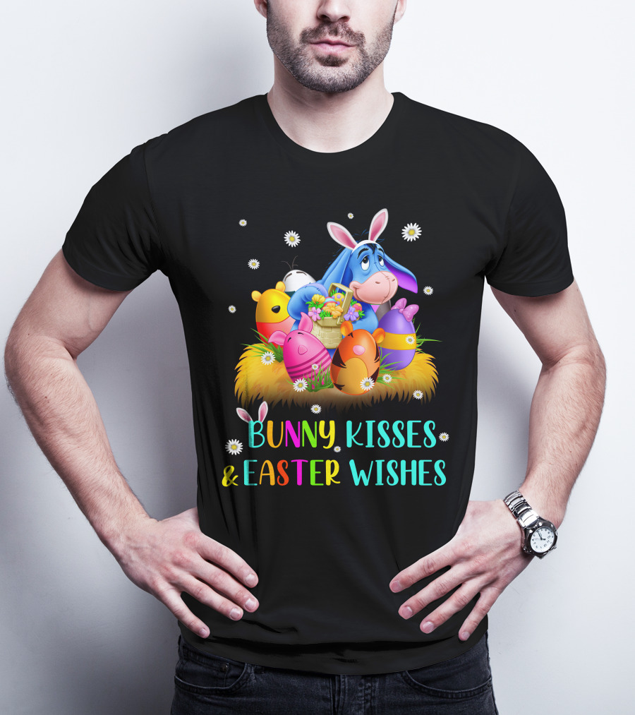 Bunny Kisses And Easter Wishes Eeyore Colorful Eggs Basket T-Shirt