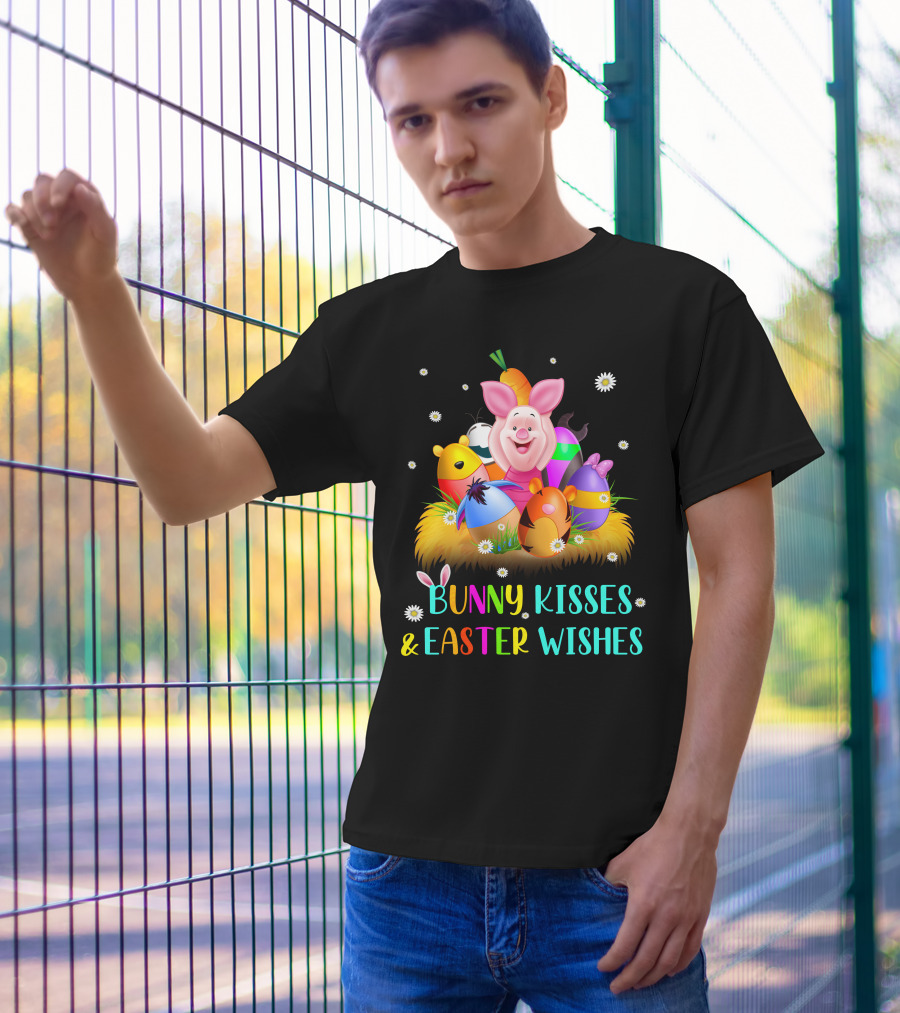 Bunny Kisses & Easter Wishes Piglet Colorful Eggs And Flowers T-Shirt
